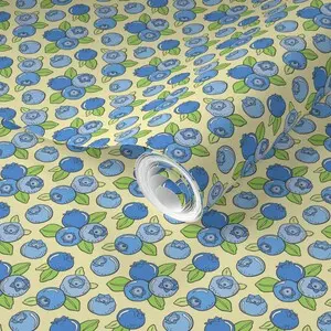 Spoonflower Blueberries Fruit On Yellow Custom Removable Wallpaper - Green,blue