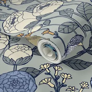 Spoonflower Winter Garden Birds Flowers Snow Day Floral Silver Custom Pre-pasted Wallpaper - Silver,blue,green