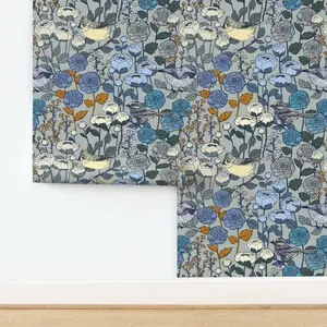 Spoonflower Winter Garden Birds Flowers Snow Day Floral Silver Custom Pre-pasted Wallpaper - Silver,blue,green