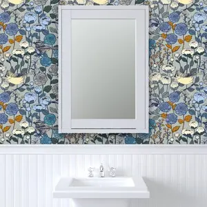 Spoonflower Winter Garden Birds Flowers Snow Day Floral Silver Custom Pre-pasted Wallpaper - Silver,blue,green