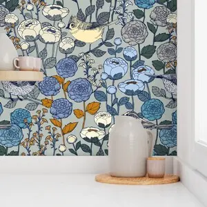 Spoonflower Winter Garden Birds Flowers Snow Day Floral Silver Custom Pre-pasted Wallpaper - Silver,blue,green