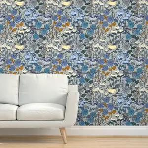 Spoonflower Winter Garden Birds Flowers Snow Day Floral Silver Custom Pre-pasted Wallpaper - Silver,blue,green