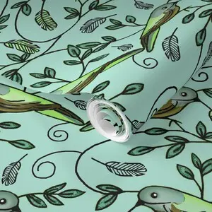 Spoonflower Vintage Green Chartreuse Leaves Brown Birds Custom Removable Wallpaper - Teal,green,blue