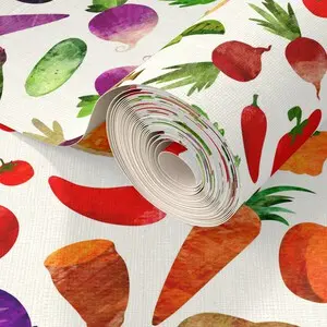 Spoonflower Rainbow Watercolor Veggies And Herbs Smaller 100% Natural Sisal Grasscloth Wallcovering - White