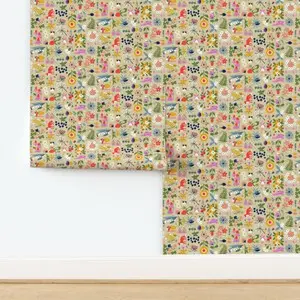 Spoonflower Ediths Garden Beige Traditional Wallpaper