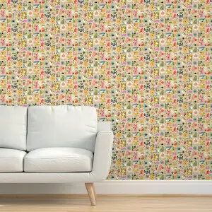 Spoonflower Ediths Garden Beige Traditional Wallpaper
