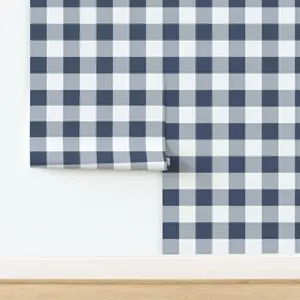 Spoonflower White Gingham Squares Buffalo Check Blue Jeans Custom Pre-pasted Wallpaper - White,blue