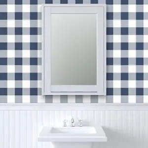 Spoonflower White Gingham Squares Buffalo Check Blue Jeans Custom Pre-pasted Wallpaper - White,blue