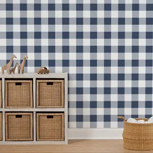 Spoonflower White Gingham Squares Buffalo Check Blue Jeans Custom Pre-pasted Wallpaper - White,blue