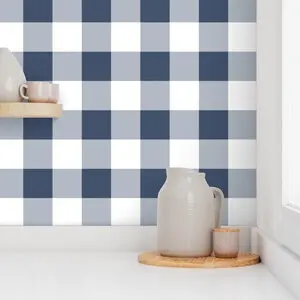 Spoonflower White Gingham Squares Buffalo Check Blue Jeans Custom Pre-pasted Wallpaper - White,blue