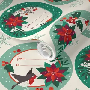 Spoonflower Poinsettia Christmas Vintage Labels Custom Removable Wallpaper - Green,red