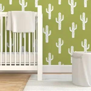 Spoonflower Lime Green Nursery Cactus Cacti Custom Pre-pasted Wallpaper