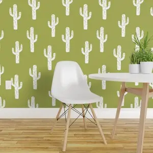 Spoonflower Lime Green Nursery Cactus Cacti Custom Pre-pasted Wallpaper