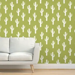 Spoonflower Lime Green Nursery Cactus Cacti Custom Pre-pasted Wallpaper