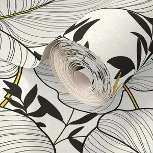 Spoonflower Leaves Monochrome Lines 100% Natural Sisal Grasscloth Wallcovering - White