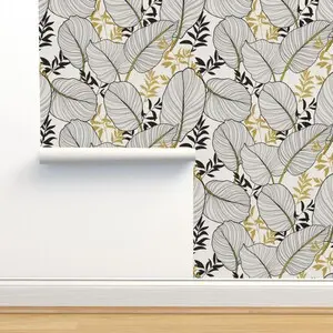 Spoonflower Leaves Monochrome Lines 100% Natural Sisal Grasscloth Wallcovering