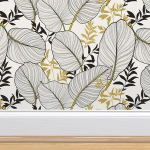 Spoonflower Leaves Monochrome Lines 100% Natural Sisal Grasscloth Wallcovering