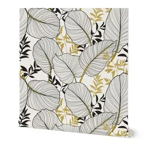 Spoonflower Leaves Monochrome Lines 100% Natural Sisal Grasscloth Wallcovering