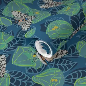 Spoonflower Kristi Heck K Art Moth Night Moonflower Evening Custom Removable Wallpaper - Blue,green,gray