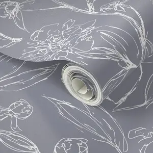 Spoonflower White Flowers Floral Nature Hand Drawn Traditional Wallpaper - White,gray