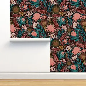 Spoonflower Protea Garden Teal Accents 100% Natural Sisal Grasscloth Wallcovering - Teal,blue