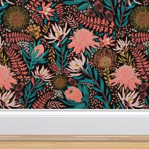 Spoonflower Protea Garden Teal Accents 100% Natural Sisal Grasscloth Wallcovering - Teal,blue