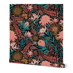 Spoonflower Protea Garden Teal Accents 100% Natural Sisal Grasscloth Wallcovering - Teal,blue