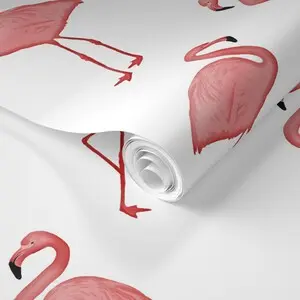 Spoonflower Flamingos Flamingo Pink White Baby Custom Pre-pasted Wallpaper - Pink,white,gray