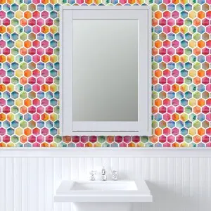Spoonflower Hexagon Watercolour Watercolor Shapes Custom Removable Wallpaper - Rainbow