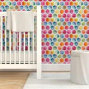 Spoonflower Hexagon Watercolour Watercolor Shapes Custom Removable Wallpaper - Rainbow