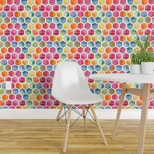 Spoonflower Hexagon Watercolour Watercolor Shapes Custom Removable Wallpaper - Rainbow