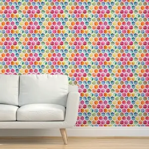 Spoonflower Hexagon Watercolour Watercolor Shapes Custom Removable Wallpaper - Rainbow