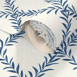 Spoonflower Leafy Trellis Blue On White 100% Natural Sisal Grasscloth Wallcovering - Blue,white