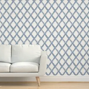 Spoonflower Leafy Trellis Blue On White 100% Natural Sisal Grasscloth Wallcovering - Blue,white
