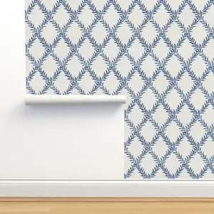 Spoonflower Leafy Trellis Blue On White 100% Natural Sisal Grasscloth Wallcovering - Blue,white