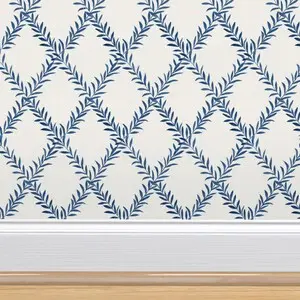 Spoonflower Leafy Trellis Blue On White 100% Natural Sisal Grasscloth Wallcovering - Blue,white