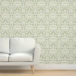Spoonflower Reverse Soft Blue And Ikat 100% Natural Sisal Grasscloth Wallcovering - Green