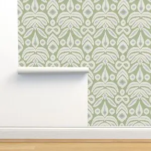 Spoonflower Reverse Soft Blue And Ikat 100% Natural Sisal Grasscloth Wallcovering - Green