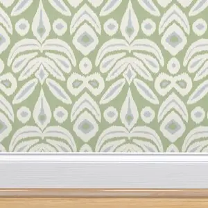 Spoonflower Reverse Soft Blue And Ikat 100% Natural Sisal Grasscloth Wallcovering - Green