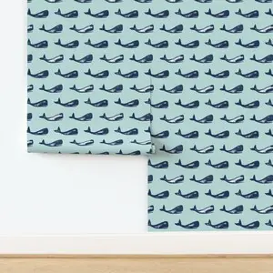 Spoonflower Whales Nautical Navy Ocean Beach Custom Pre-pasted Wallpaper