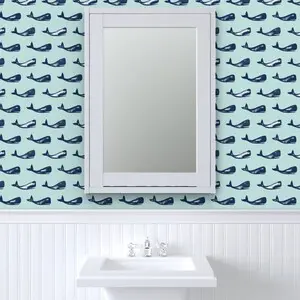 Spoonflower Whales Nautical Navy Ocean Beach Custom Pre-pasted Wallpaper