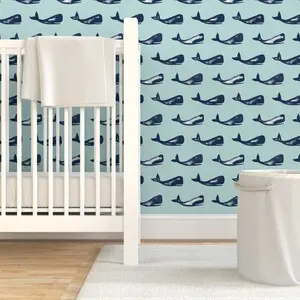 Spoonflower Whales Nautical Navy Ocean Beach Custom Pre-pasted Wallpaper