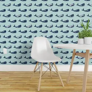 Spoonflower Whales Nautical Navy Ocean Beach Custom Pre-pasted Wallpaper