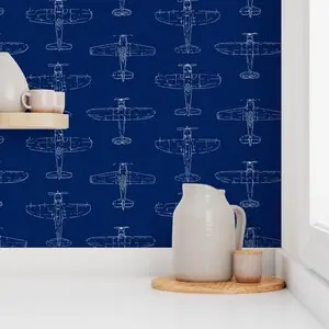 Spoonflower Flight Airplanes Army Military Sketches Custom Pre-pasted Wallpaper - Blue