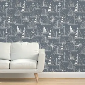 Spoonflower Large Scale Sailboats Blue Grey White 100% Natural Sisal Grasscloth Wallcovering