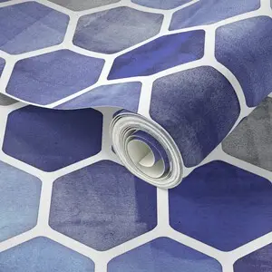 Spoonflower Purple Geometric Patchwork Blue And White Custom Pre-pasted Wallpaper