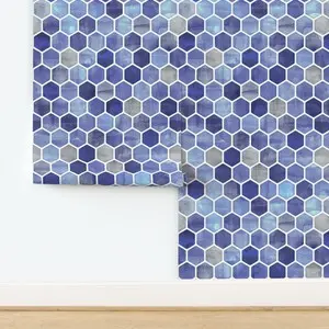 Spoonflower Purple Geometric Patchwork Blue And White Custom Pre-pasted Wallpaper