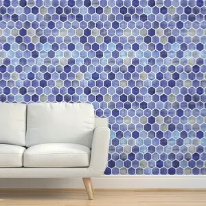 Spoonflower Purple Geometric Patchwork Blue And White Custom Pre-pasted Wallpaper