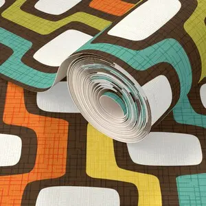 Spoonflower 1960s Retro Atomic Modern Abstract Shapes Mid 100% Natural Sisal Grasscloth Wallcovering - Yellow,orange