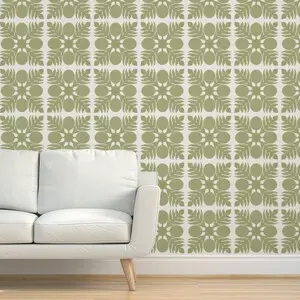 Spoonflower Large Ulu Sage On White 100% Natural Sisal Grasscloth Wallcovering